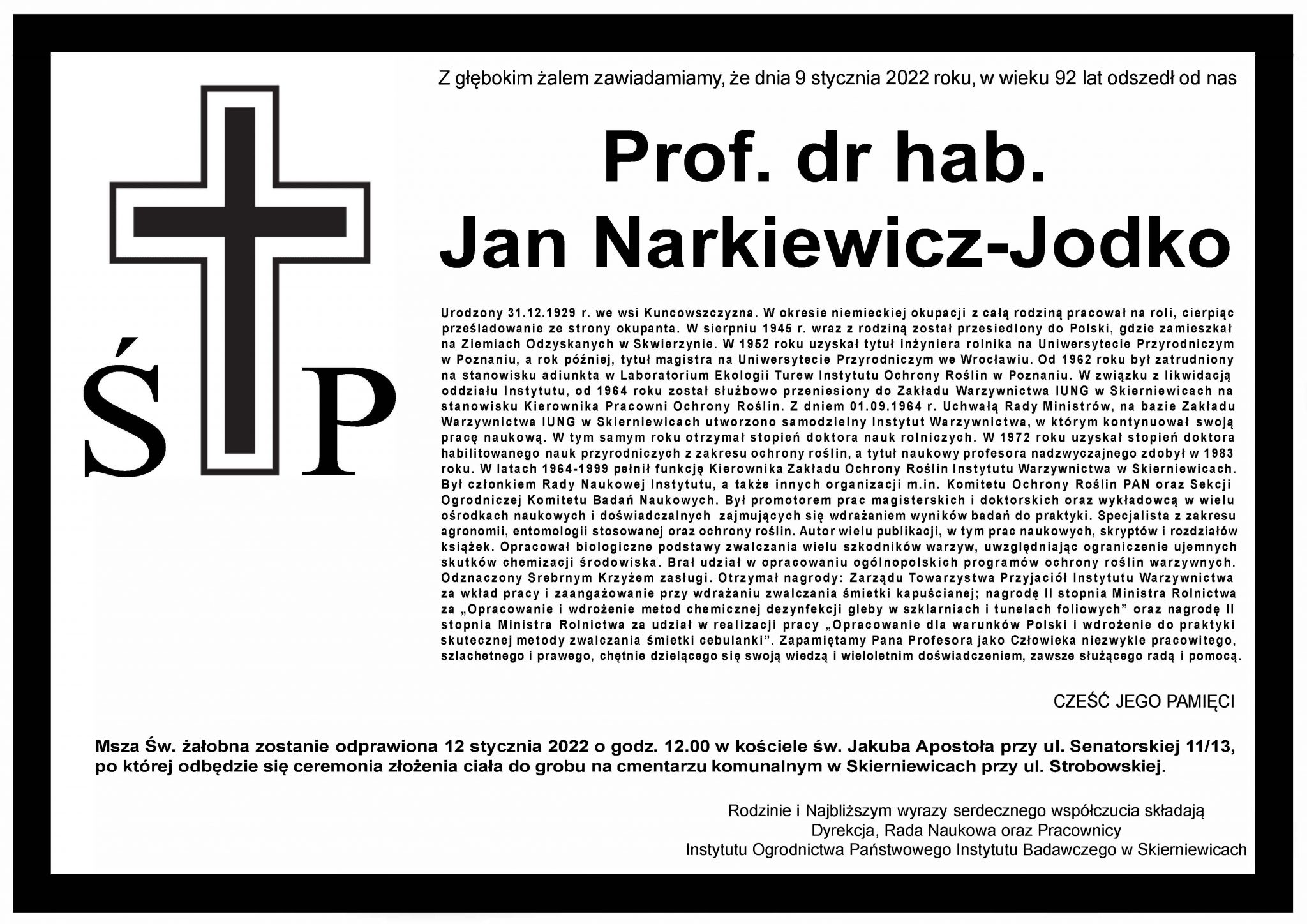 Farewell to Prof. dr hab. Jan Narkiewicz-Jodko - Institute of Horticulture